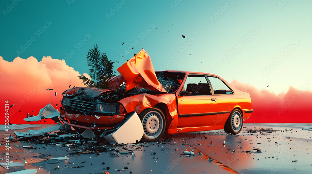 Minimalist illustration of a car accident using simple shapes and bold ...