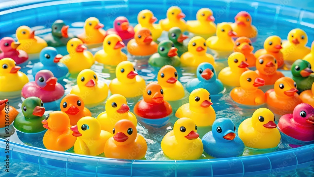 Rubber duckies floating in a colorful kiddie pool, rubber duckies, pool ...