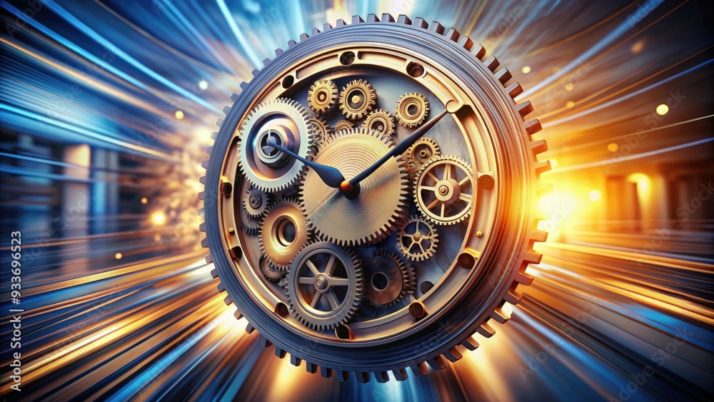 Rapidly spinning clock gears and cogs surrounded by blur motion ...