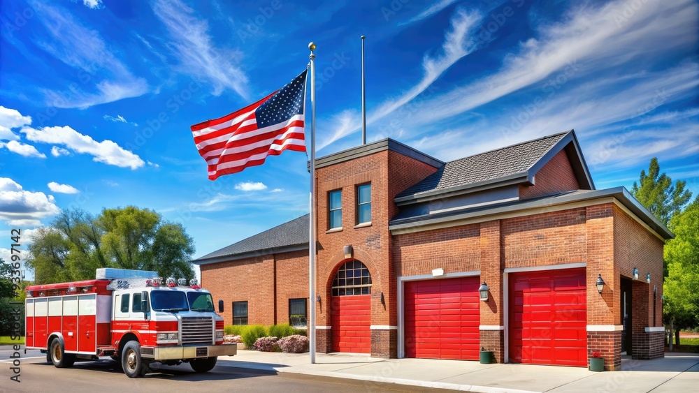 Red brick fire station with shiny diesel engine and emergency vehicle ...