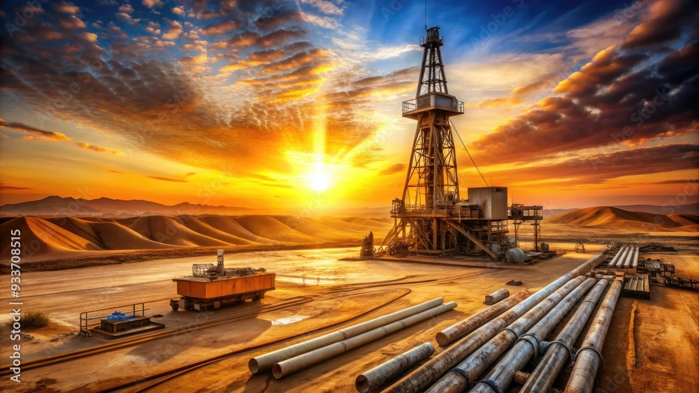 Rugged oil rig stands tall amidst vast desert landscape, drilling ...
