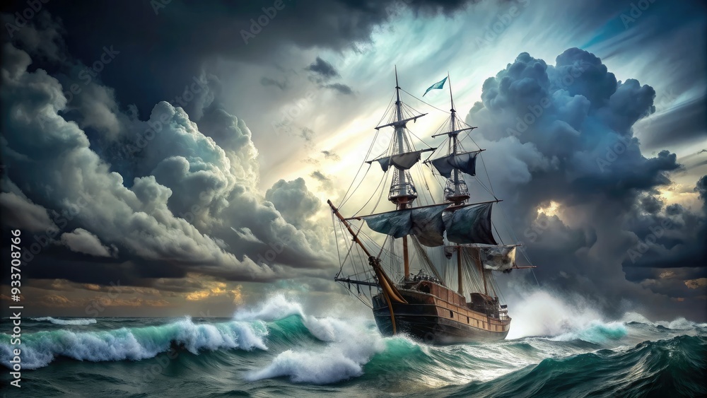 Rugged pirate ship sails through turbulent azure waters, billowing ...