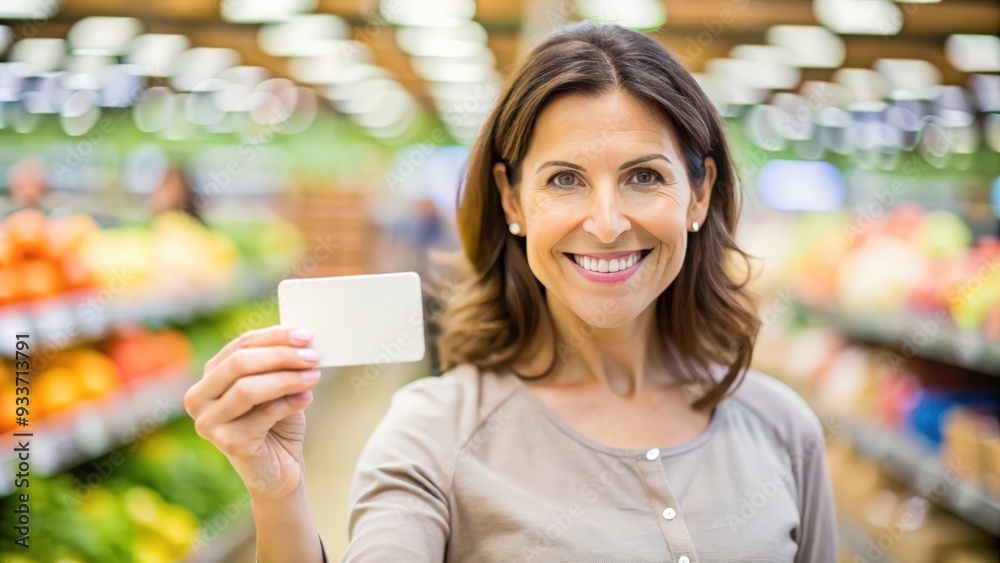 Happy customer holding up a blank loyalty card at the supermarket ...