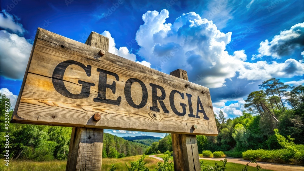 Rustic wooden sign with bold black lettering reading "Georgia" stands ...