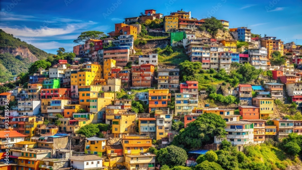 Overlooking view of a colorful favela on a hillside in Rio de Janeiro ...