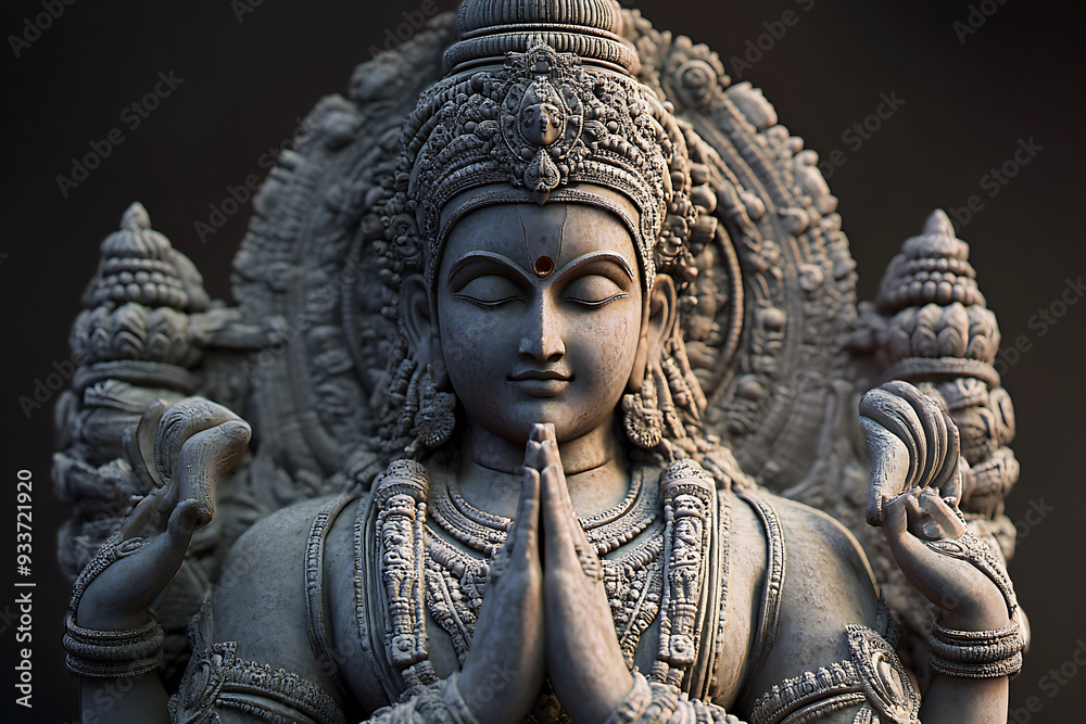 A depiction of Brahma, the Hindu god of creation, shown with his four ...