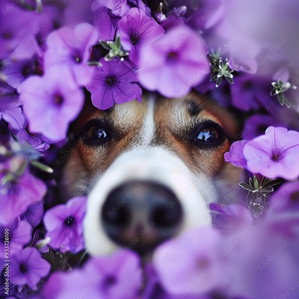 Beagle is peeking and poking his nose through purple petunia bush, his ...