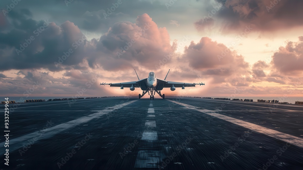 Aircraft carrier s runway with catapult launching jets at full speed ...