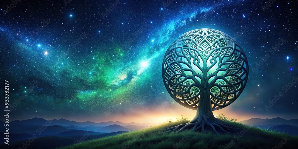Celtic tree of life in the night sky at a tilted angle, belief ...