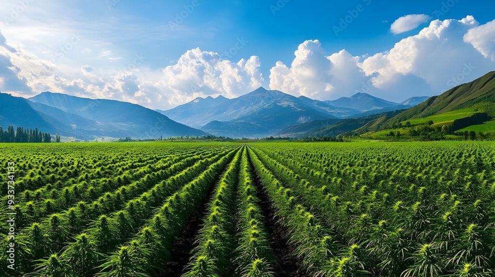 Expansive lush hemp farm with rows of flourishing plants stretching out ...