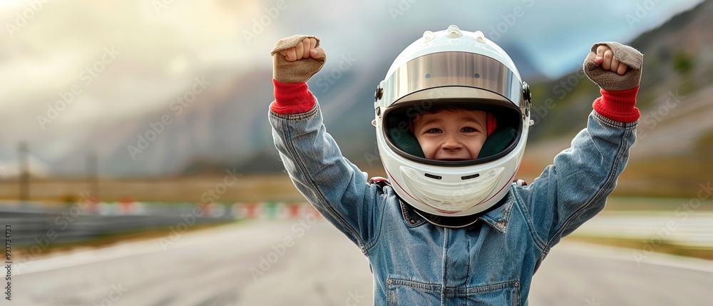 Smiling child wearing a racing helmet and jumpsuit, raising arms in ...