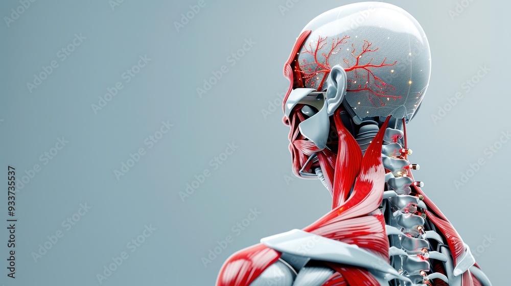Futuristic anatomical illustration of a human brain and muscular system ...
