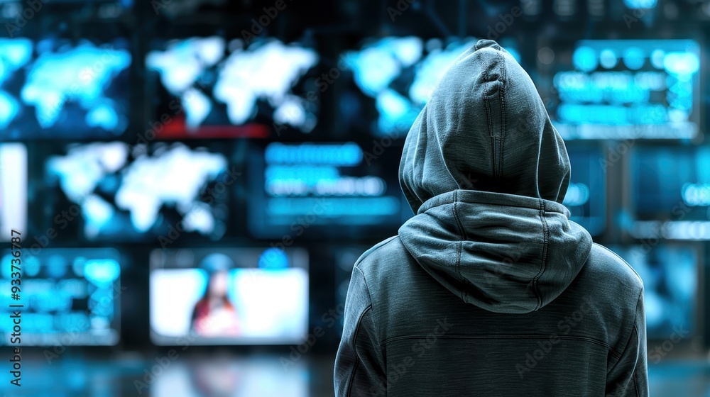 Hacker wearing a hoodie facing multiple screens with world maps and ...