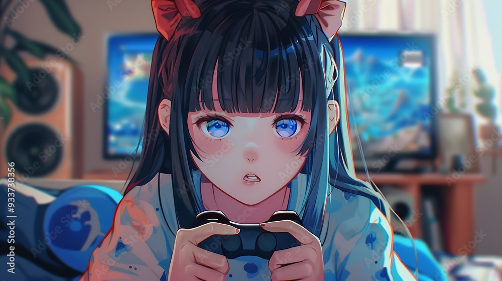 Cute anime girl seriously playing video game Stock Illustration | Adobe ...