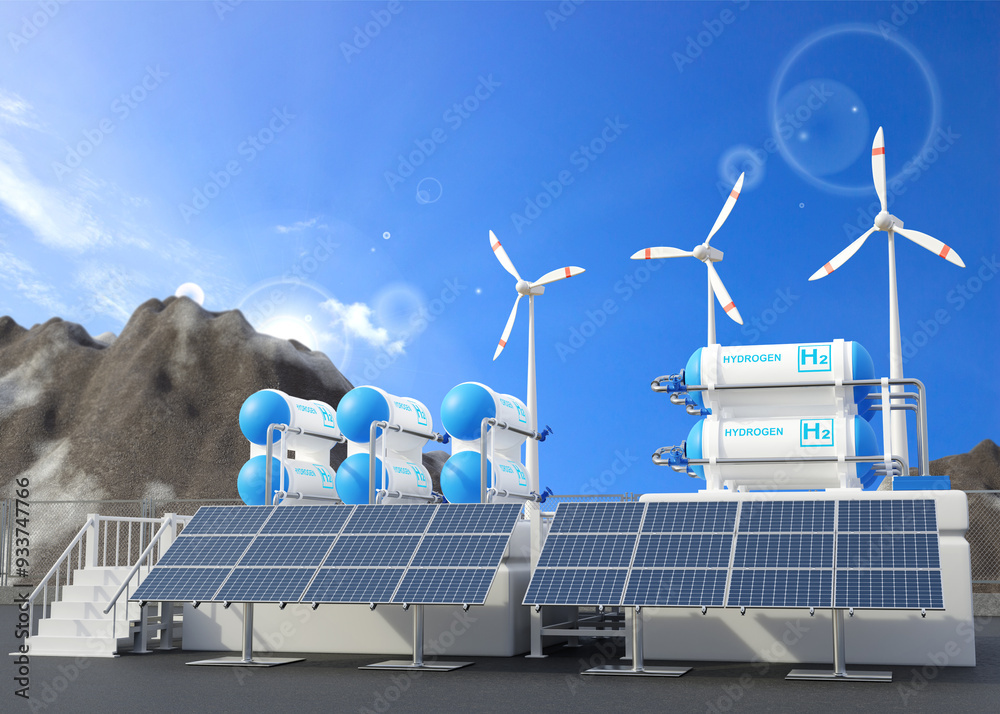 Hydrogen energy plant concept. Hydrogen storage tanks with solar panels ...
