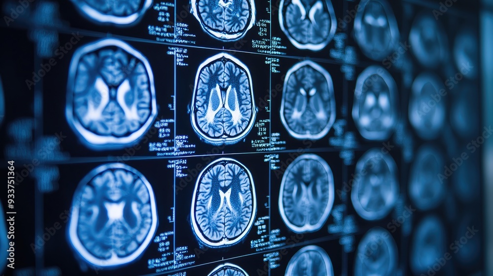 Full display of MRI brain scan results on a lightbox, showing detailed ...