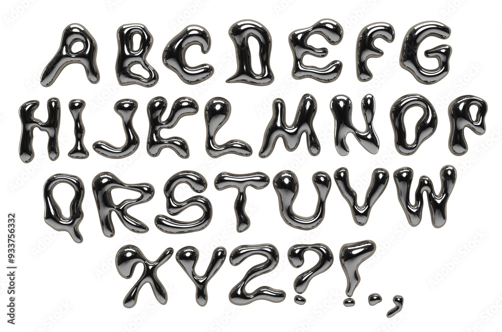 3d chrome liquid font. Silver bubble typeface. Liquid metal letters ...