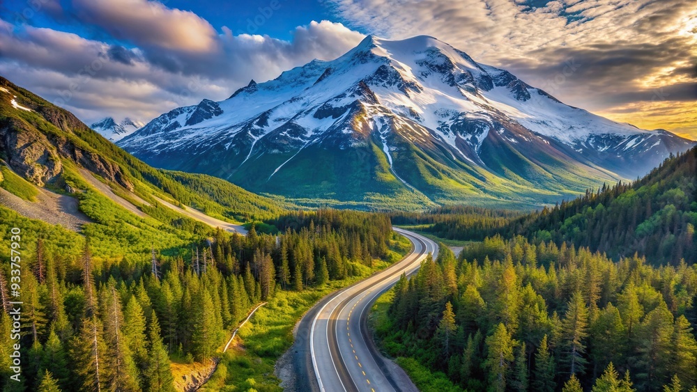 A stunning aerial view of a majestic snow capped mountain standing tall ...