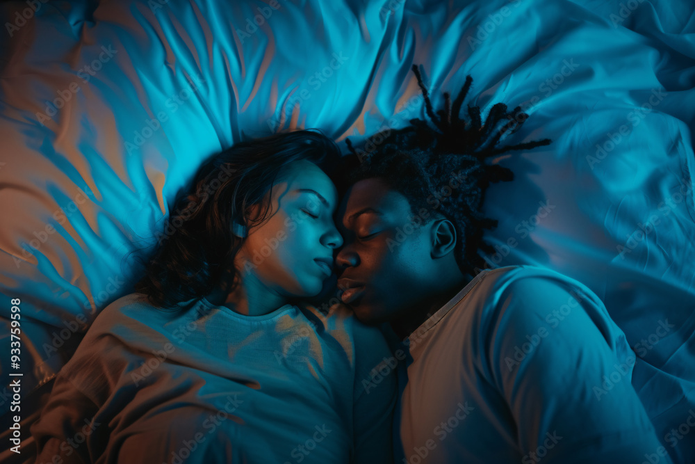 top view couple sleeping in bed at night. husband and wife cuddling ...