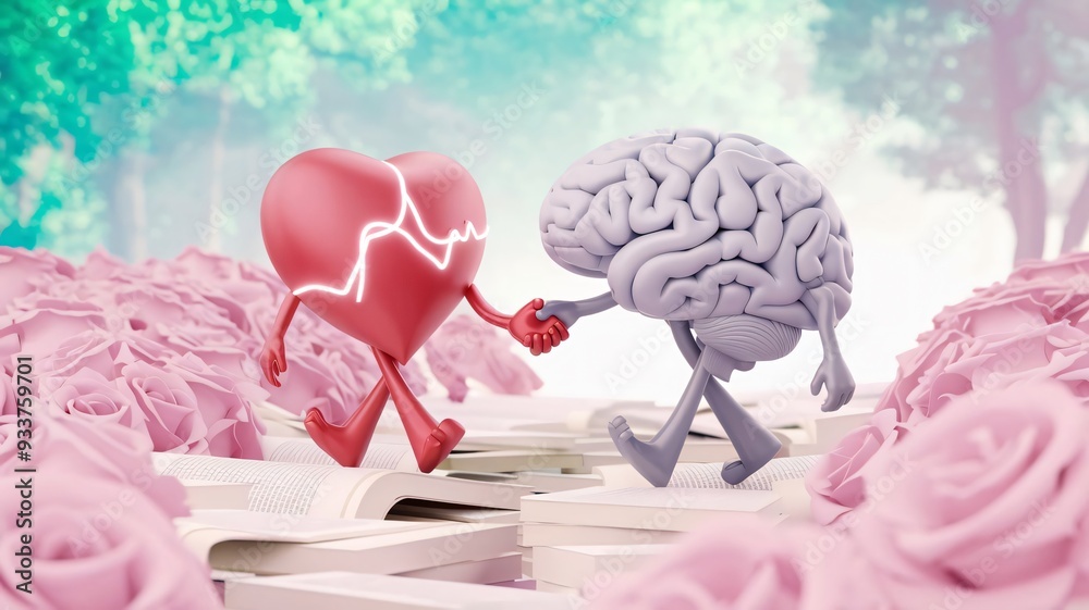 Heart and brain that walk hand in hand. Heart leading brain character ...