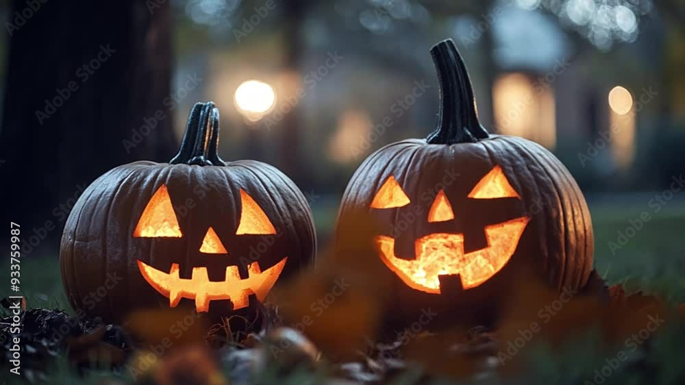 Jack-o-lantern by spooky house by night. 4K Looping Background features ...