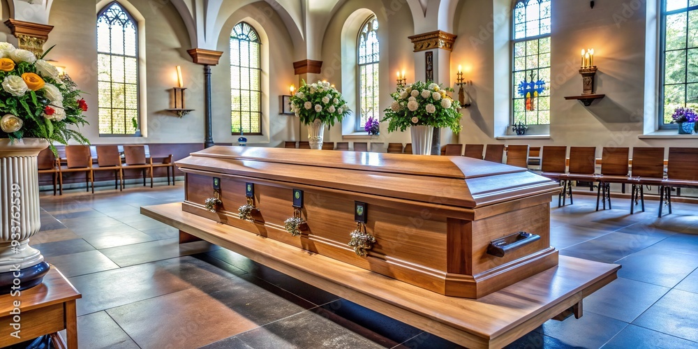 Funeral ceremony scene with a coffin in a church at a tilted angle ...