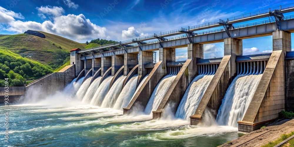 Hydroelectric dam with multiple spillways releasing water flow ...