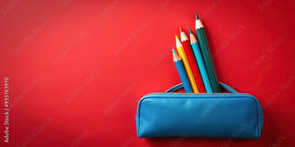 Pencil rocket launching from blue pencil case on red background framing ...