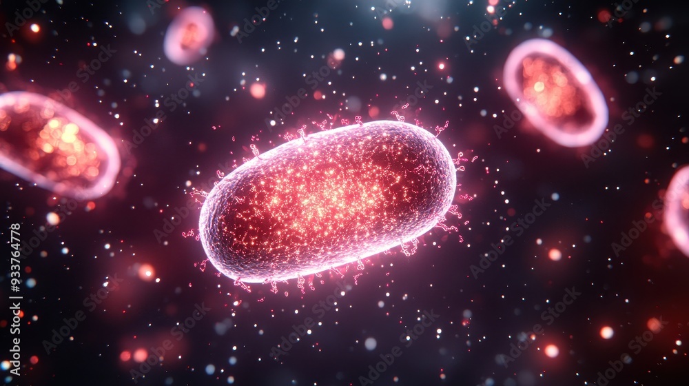 Microscopic view of bacteria cells glowing in vibrant red, showcasing ...