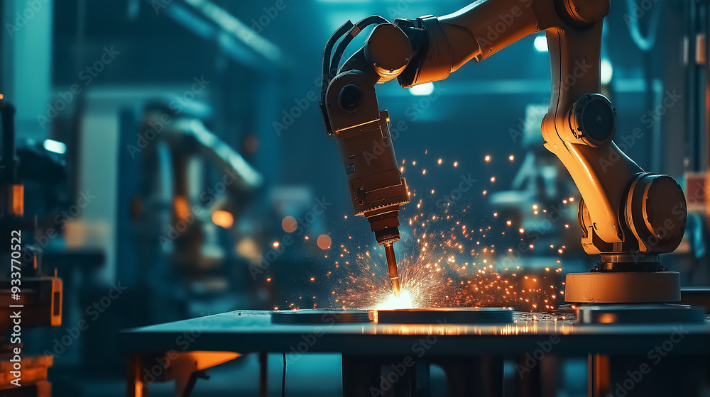 A robotic arm operates in an industrial environment, emitting sparks as ...