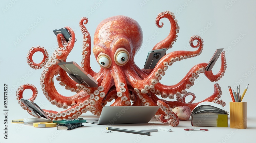 ภาพประกอบสต็อก An octopus managing multiple tasks at a desk ...