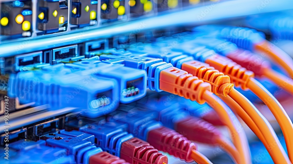 Network cables plugged in network switch. Technology data center ...