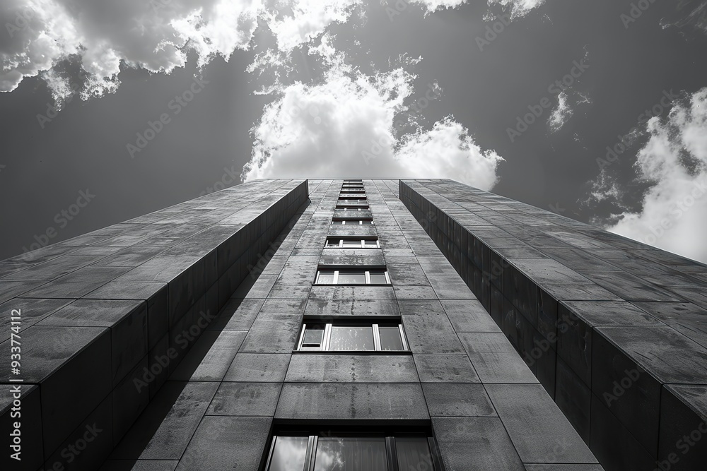 A monochromatic view of a modern high-rise building's facade stretching ...