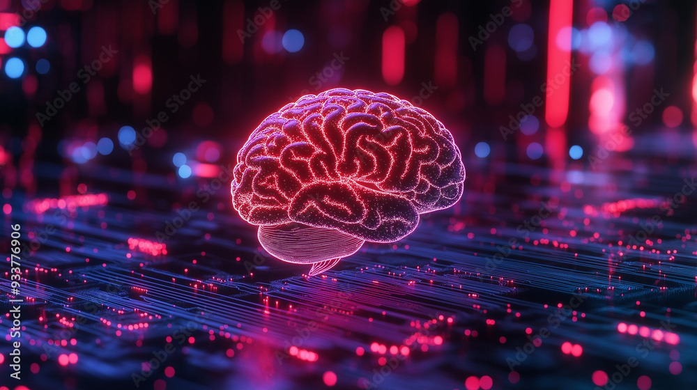 human brain on a chip illustrating artificial intelligence, colorful ...