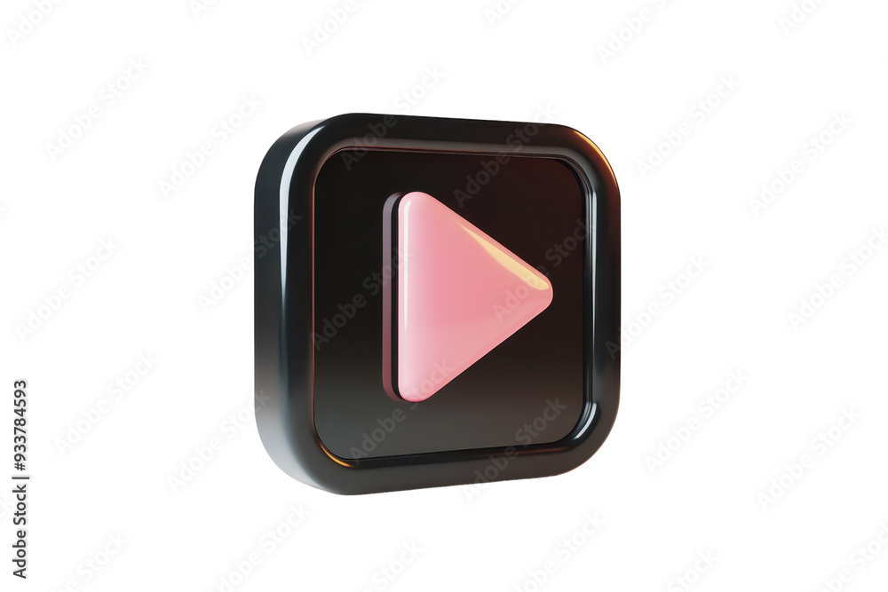 3D-rendered pink play button icon on a black square, isolated on a ...