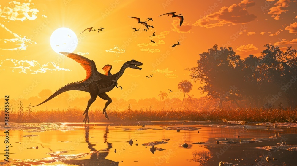 Dinosaur in a prehistoric sunset. Stock Illustration | Adobe Stock