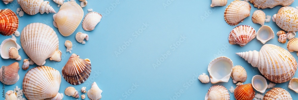 Seashell Border on a Light Blue Background - Seashells of various sizes ...
