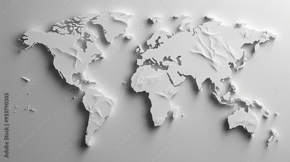 Stylized representation of a world map with a crumpled paper texture ...