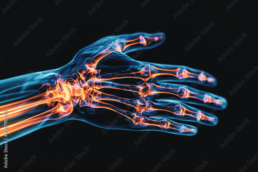 A medical illustration depicting the skeletal anatomy of the hand ...