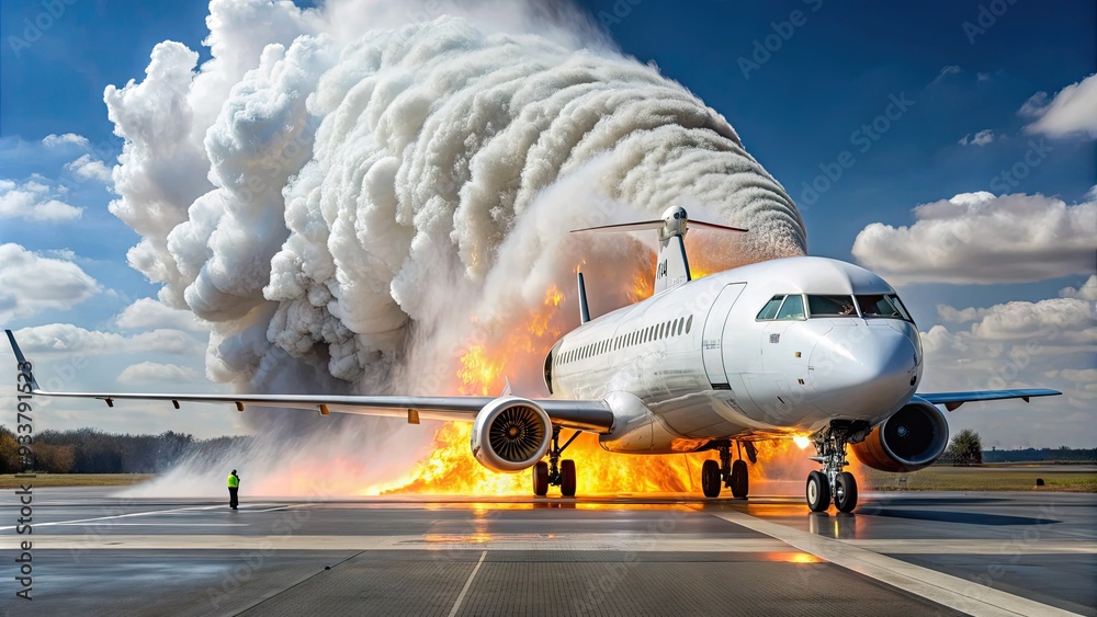 Aircraft rescue firefighting vehicle sprays thick, white foam to ...