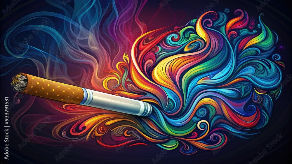 Stylized illustration of a burning cigarette with smoke curling upwards ...