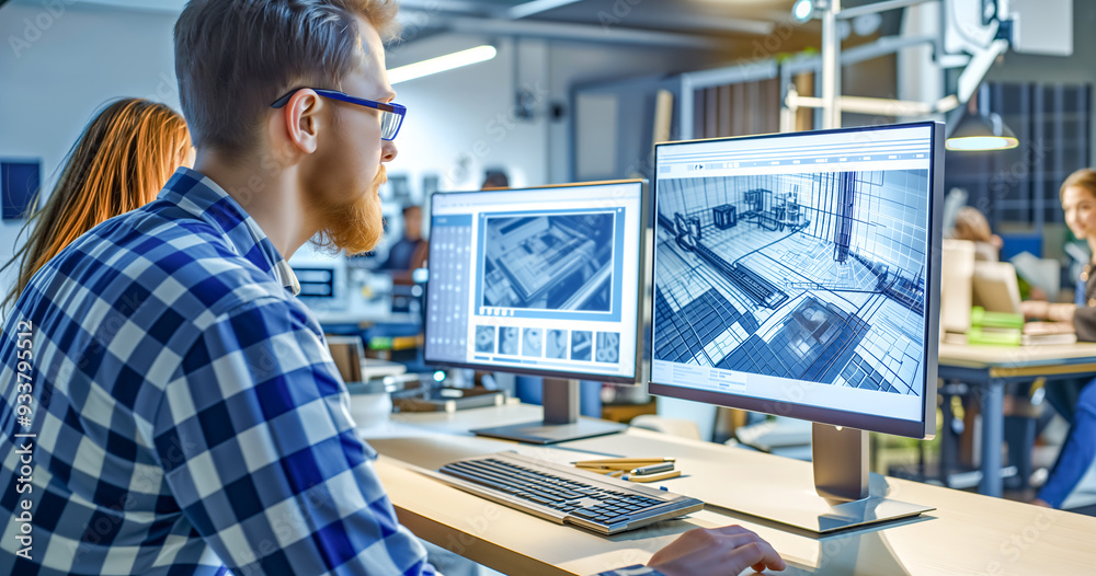 Designer Creates 3D Model on Computer: Dual Monitors Display Technical ...