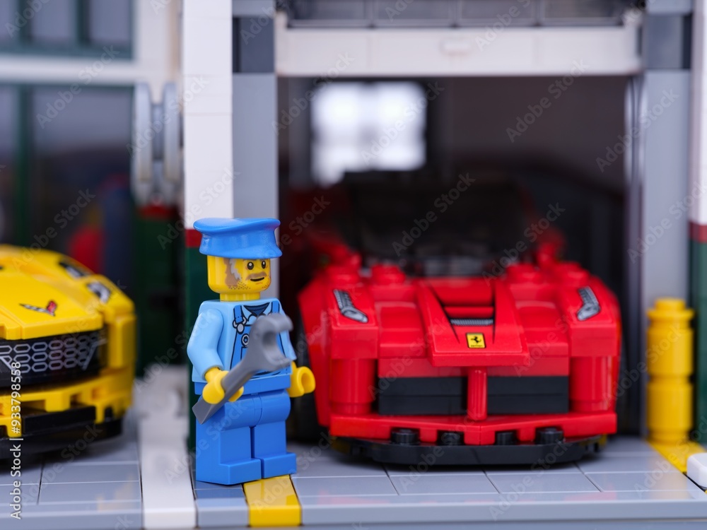 Tambov, Russian Federation - July 17, 2024 A Lego mechanic minifigure ...