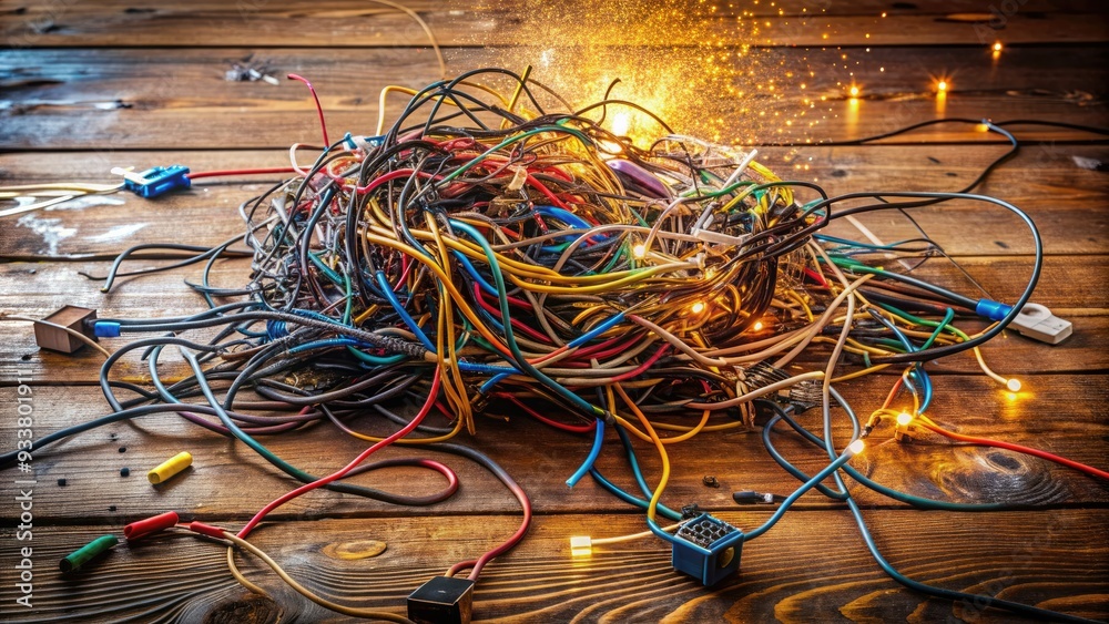 Tangled mess of colorful exposed wires and cables spilling out of a ...
