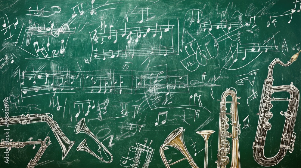 A green chalkboard filled with hand-drawn musical notes and diagrams ...