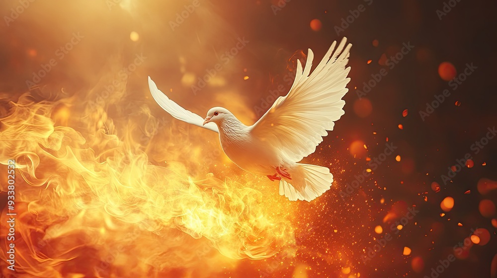 A majestic white dove soaring above flames of fire, symbolizing the ...