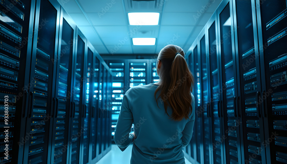 Data Center Female Programmer and Maintenance IT Specialist Overlooking ...