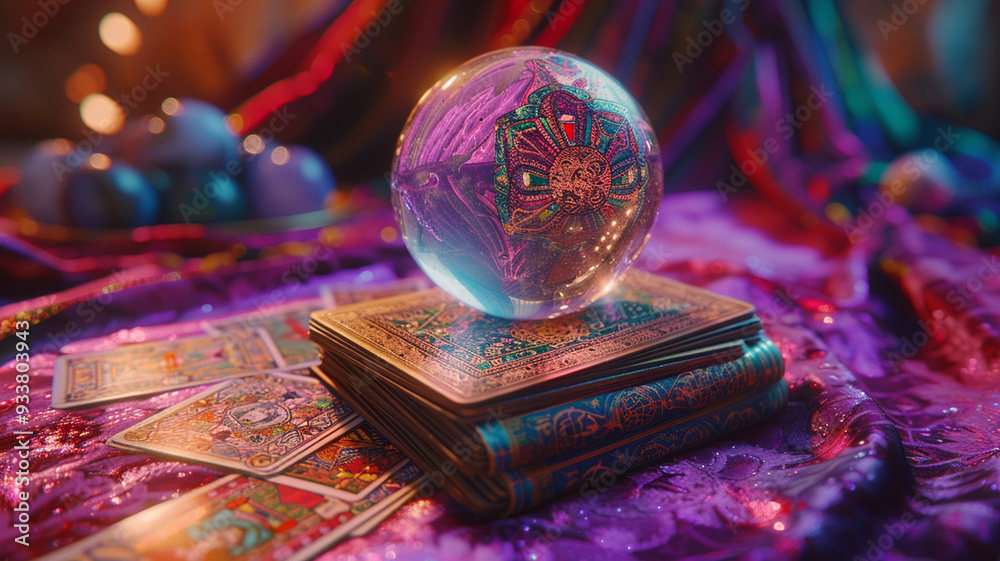 Fortune teller costume with a crystal ball and tarot cards on a purple ...