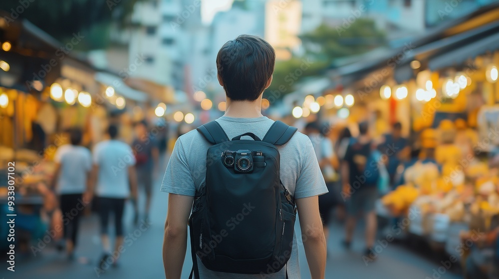 black camera slung over a shoulder at a bustling street market ...
