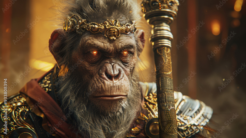A dark, realistic, and epic poster design featuring a stoic monkey ...